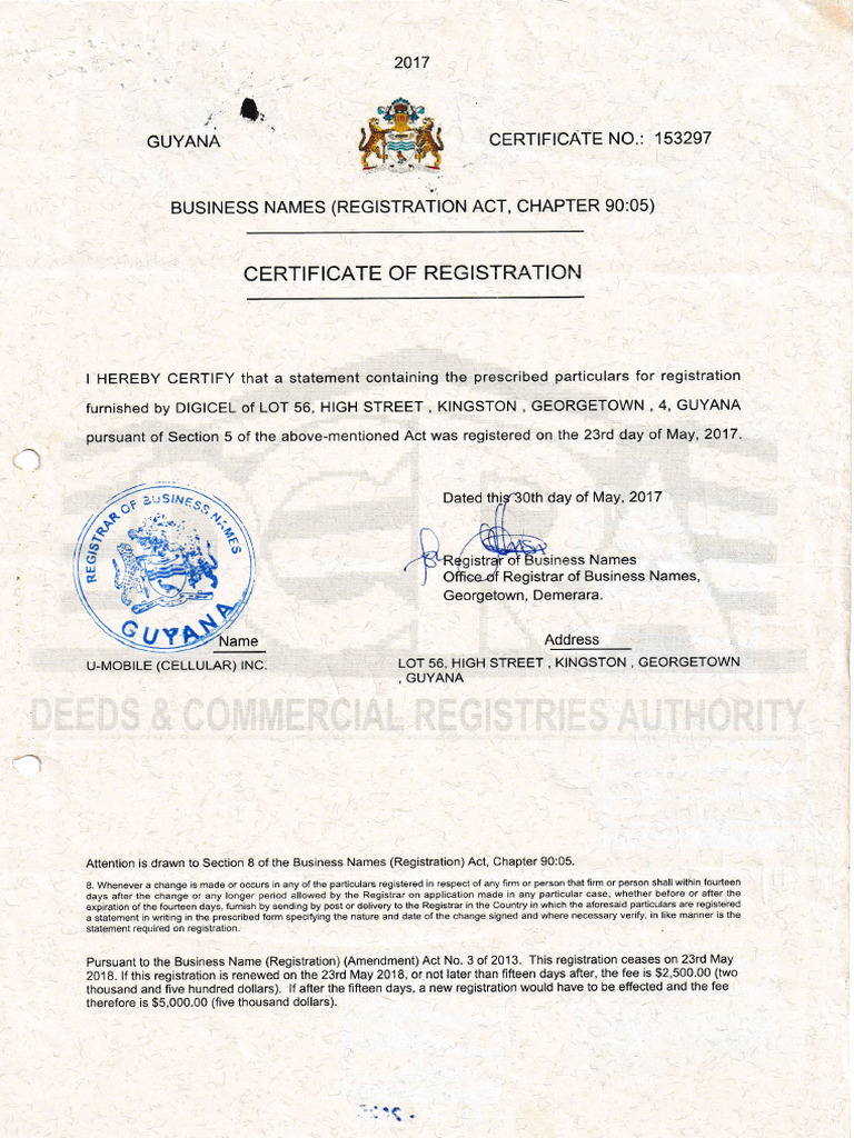Certificate of Registration Exp 23 May 2024 Umobile Cellular Inc. | PDF