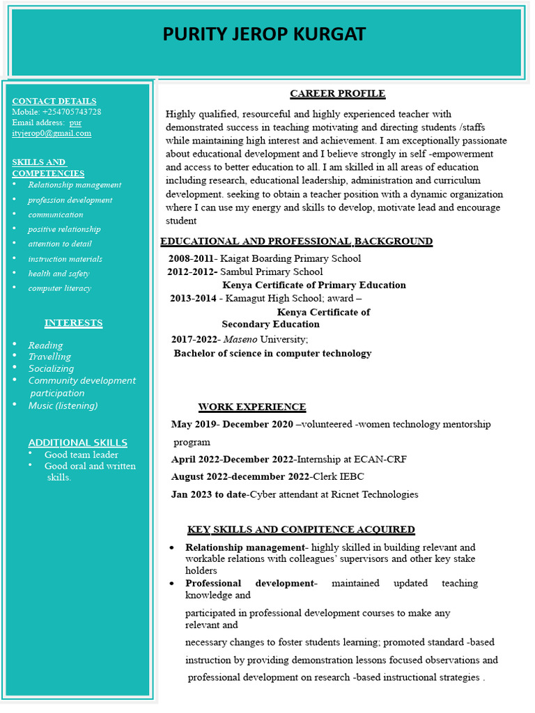 PURITY CV | PDF | Teachers | Schools