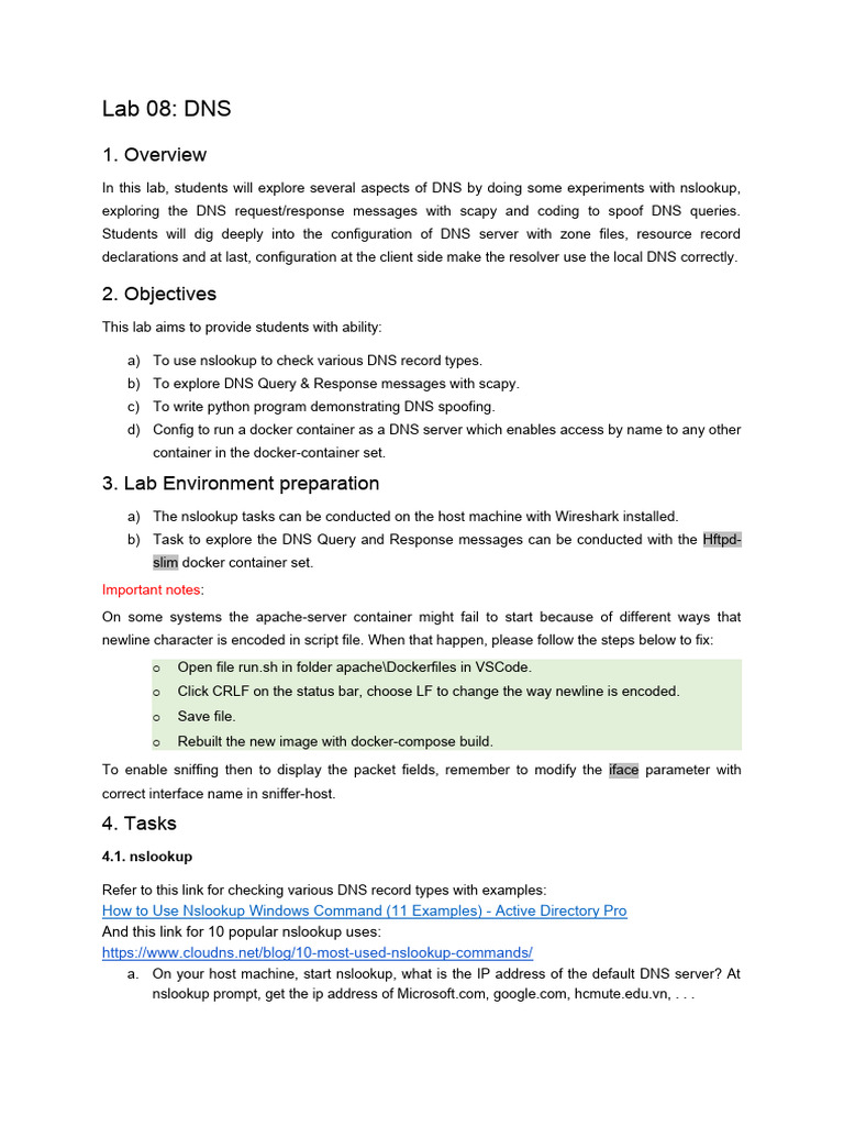 DNS Lab: nslookup, Scapy, Spoofing | PDF | Domain Name System | Software