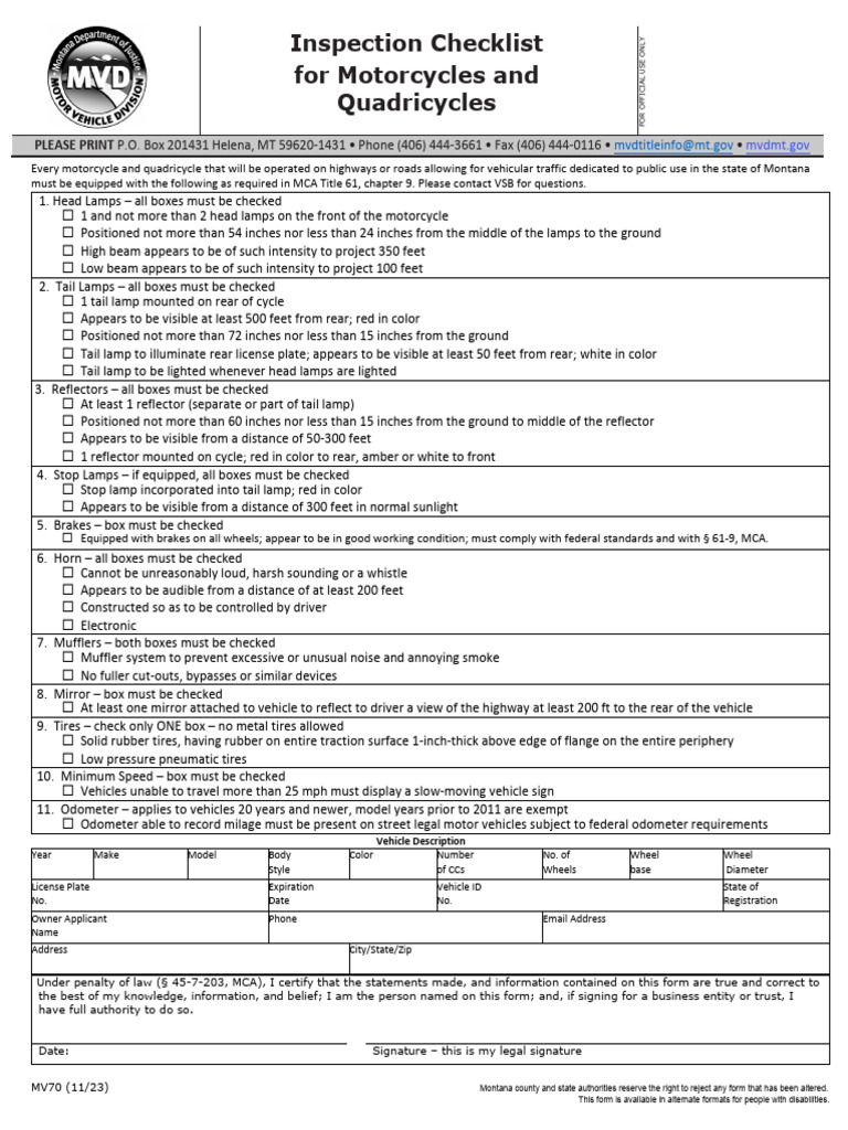 Motorcycle Inspection Checklist Guide | PDF | Headlamp | Tire