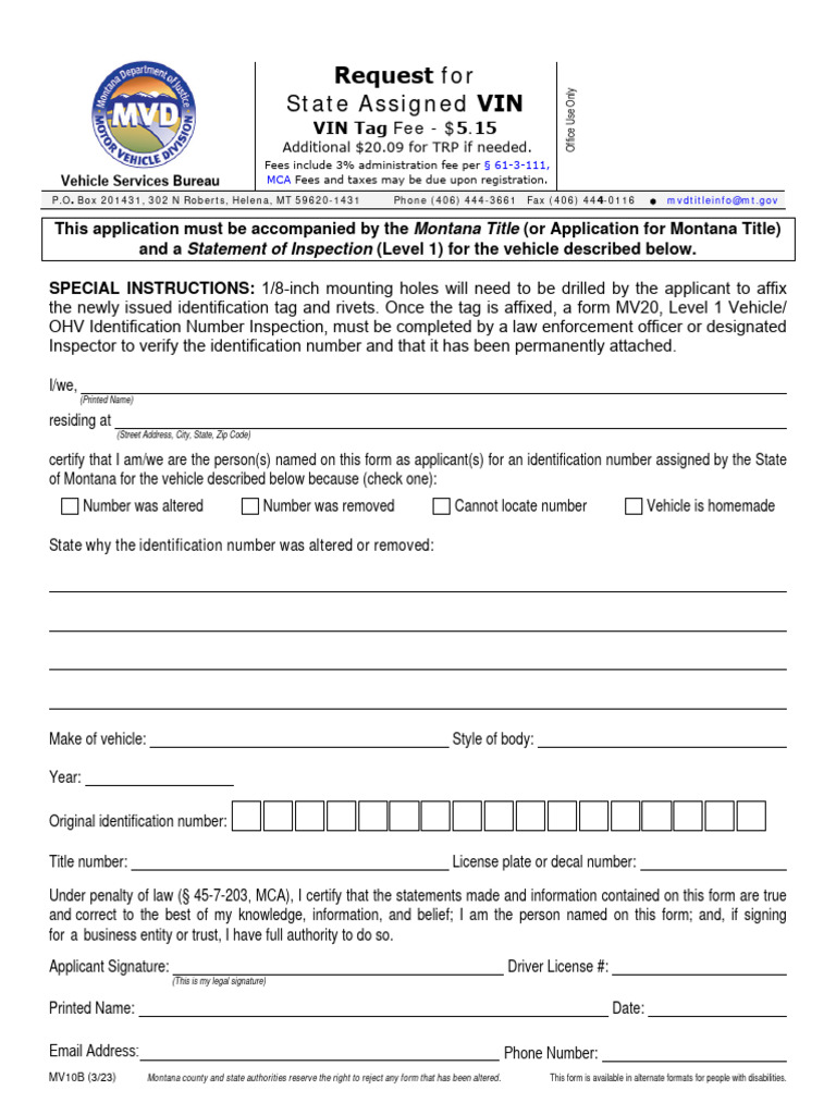 MV10B Request For State Assigned VIN 0323 | PDF | Vehicle Registration ...