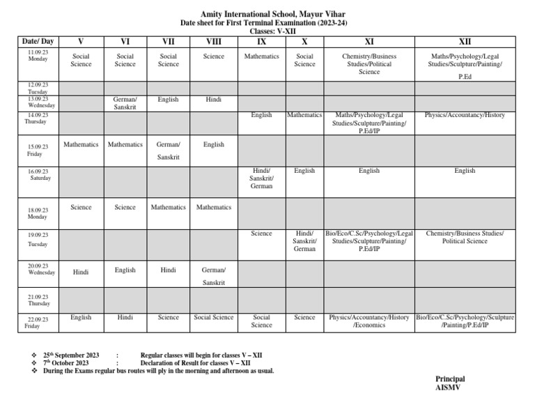 First Term Date Sheet V-XII 2023-24 | PDF | Science
