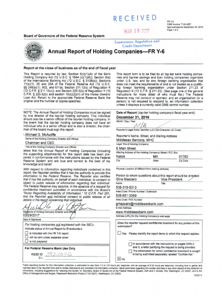 Middlesex Federal Bank Letter 2016 | PDF