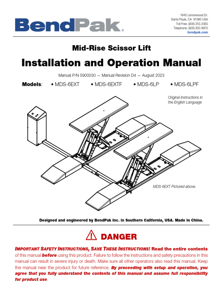 BendPak MDS-6-EXT-EXTF-LP-LPF Mid-Rise Scissor Lift 5900030 Install-Oper Manual D4!8!2023 | PDF ...