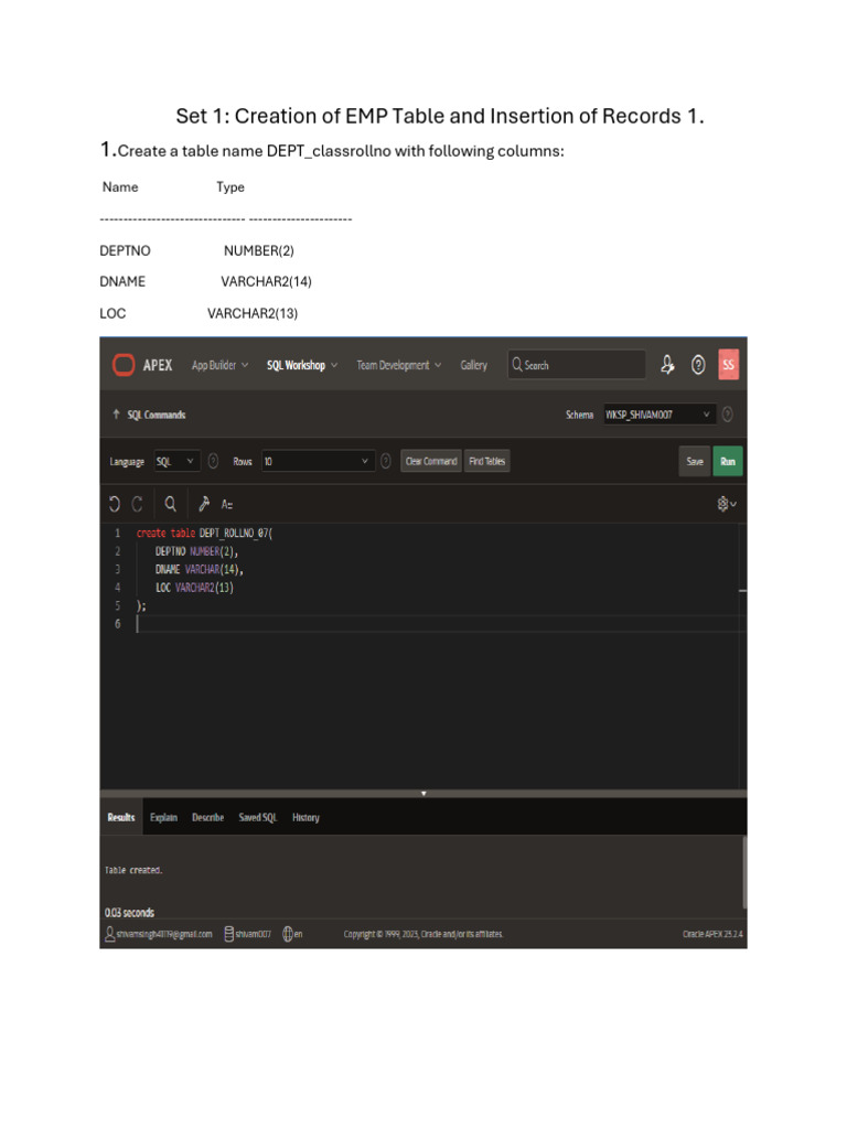 Set 1 Creation of EMP Table and Insertion of Records | PDF