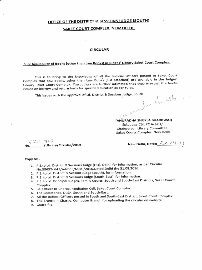 Circular Regarding Availability of Books (Other Than Law Books) in ...