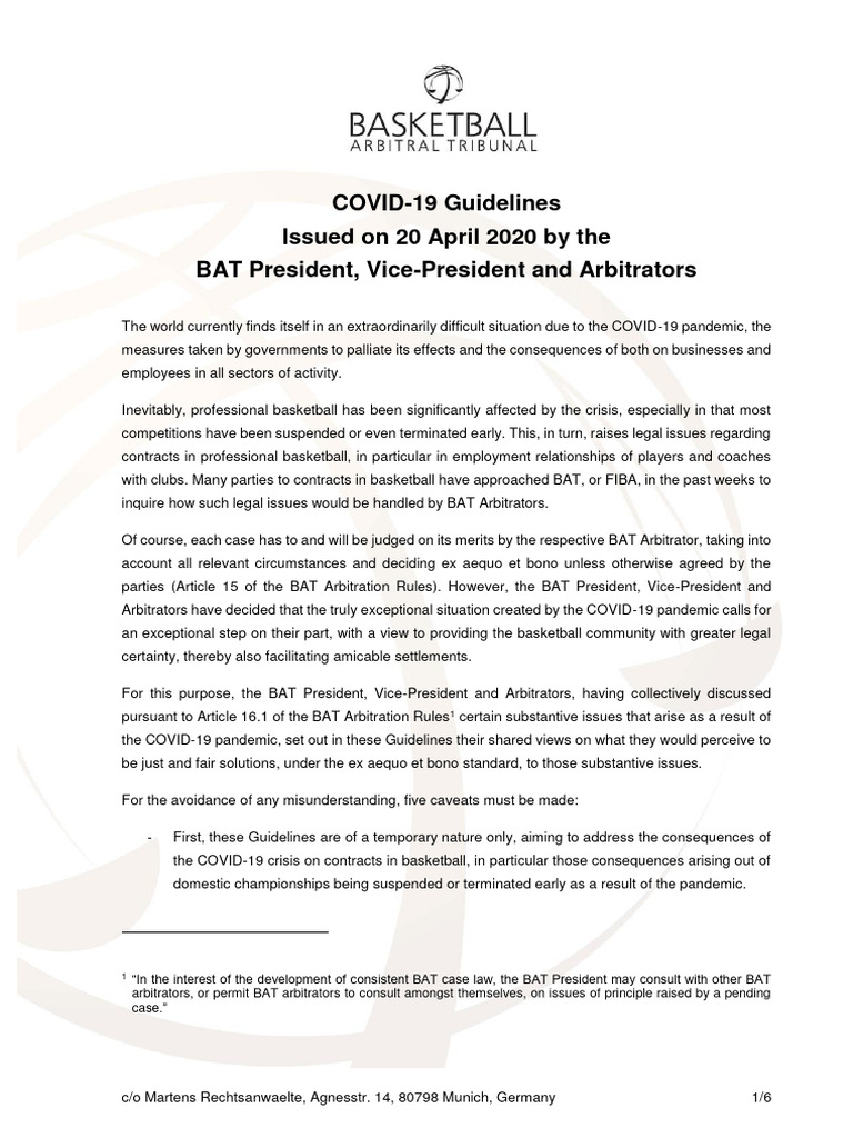 FIBA BAT - Covid19 Guidelines | PDF | Cost Of Living | Arbitration