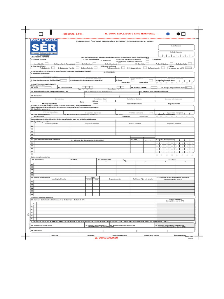 Formulario Mutual Ser Eps | PDF | Documento de identidad