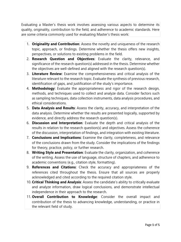 Master's Thesis Evaluation Criteria Guide | PDF | Evaluation | Critical ...