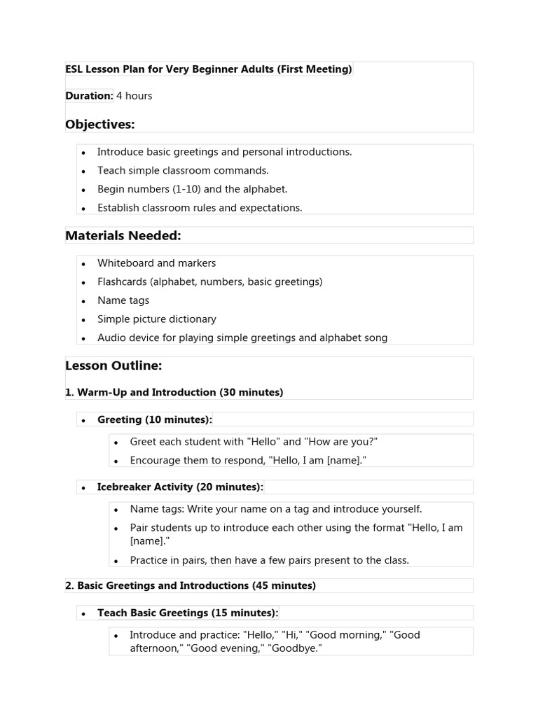 ESL Lesson Plan For Very Beginner Adults | PDF | English Language ...
