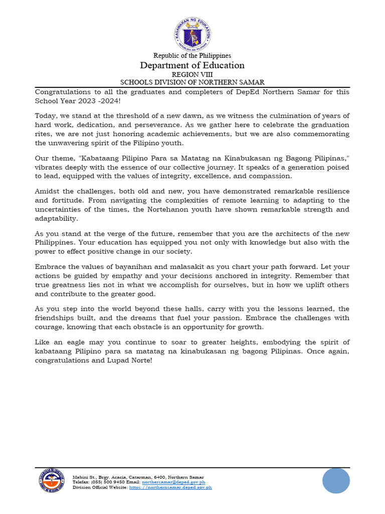 Graduation Messsage Rey Bulawan | PDF