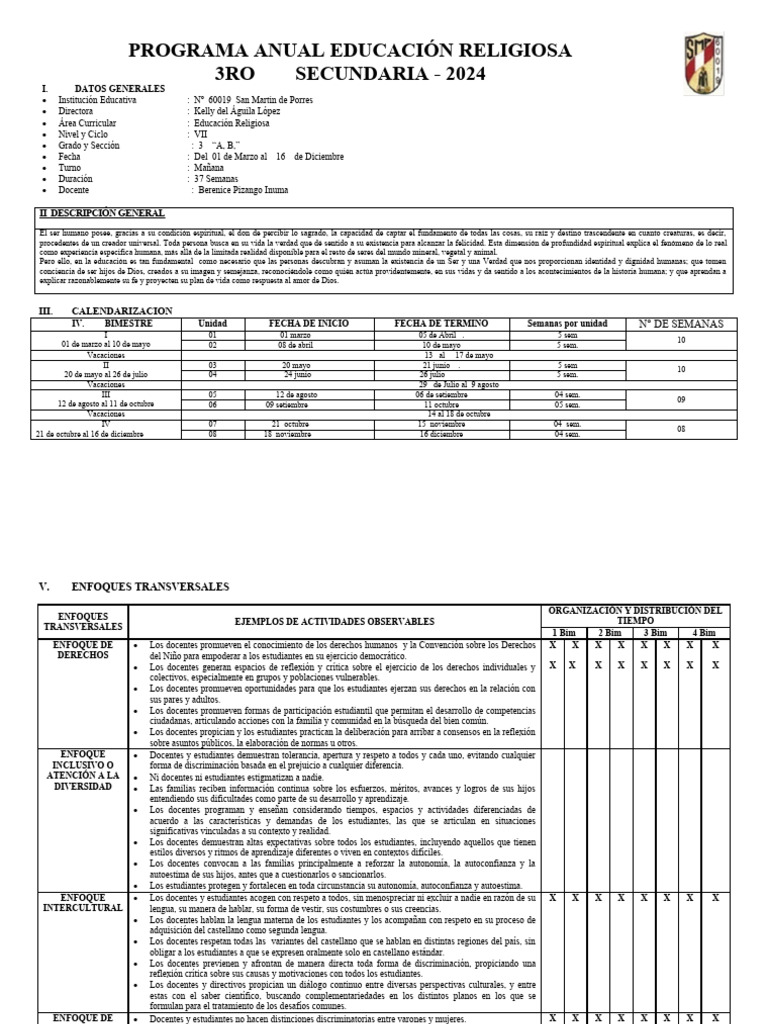 Programa Anual Educación Religiosa 3ro de Secundaria 2024 | Descargar gratis PDF | Fe | Aprendizaje