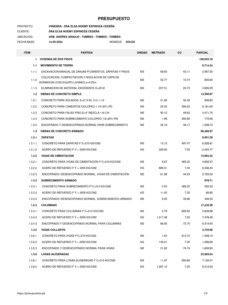 Presupuesto | PDF | Fundación (Ingeniería) | Ingeniería estructural