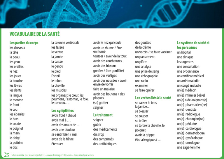 Vocabulaire essentiel de la santé FLE | PDF | Rhume | Médecine
