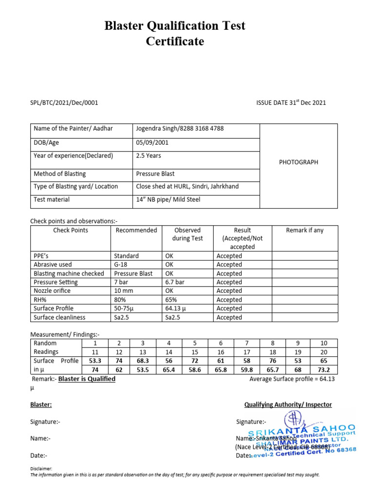 Blaster Qualification Cerificate1 | PDF | Materials | Industrial Processes