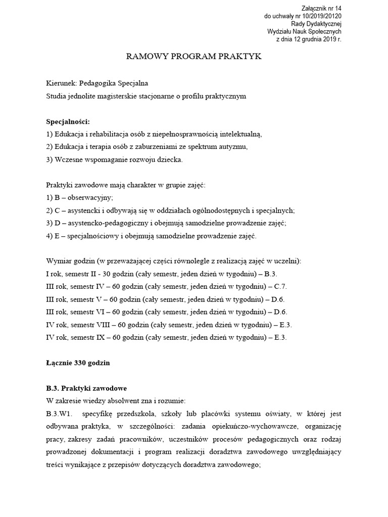 Ramowy Program Praktyk Ped Spec JM | PDF
