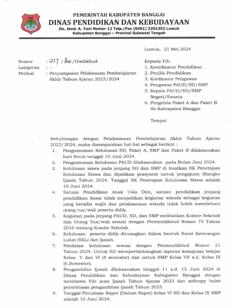 Surat Penyampaian Pelaksaaan Pembelajaran Akhir Tahun Ajaran 2023-2024 | PDF