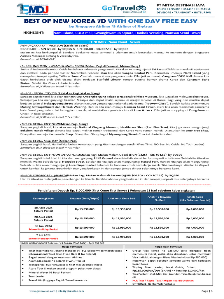 7D BEST OF NEW KOREA WITH ONE DAY FREE EASY 2024 Upd JAN 2024 | PDF