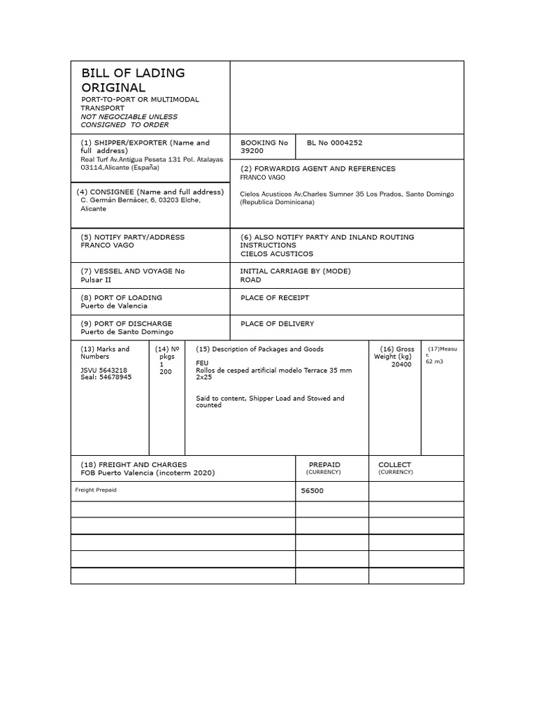 BL Modelo en Blanco | PDF | Bill Of Lading | Cargo