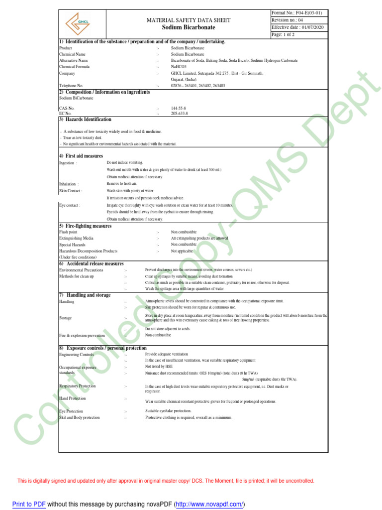 MSDS Sodium-Bicarbonate 01.10.2016 | PDF | Sodium Bicarbonate | Chemistry