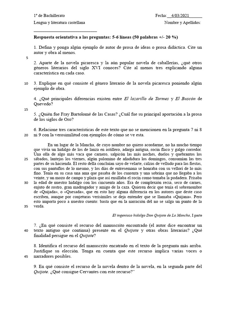 Examen Prosa Barroca 20-21 | PDF | Don Quijote | Novelas