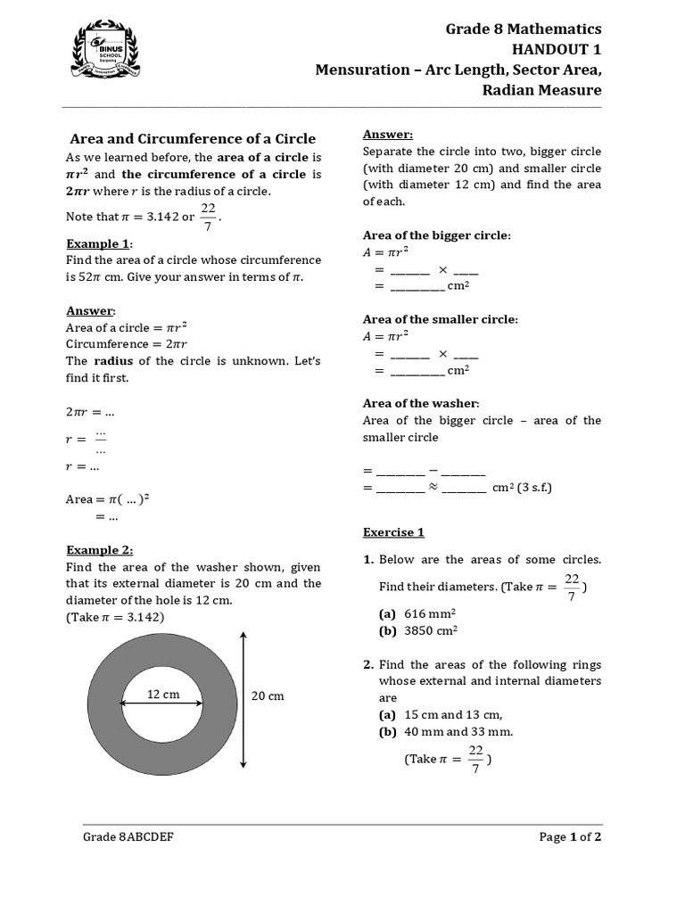 Grade 8 Mensuration: Circles & Areas | PDF | Area | Circle