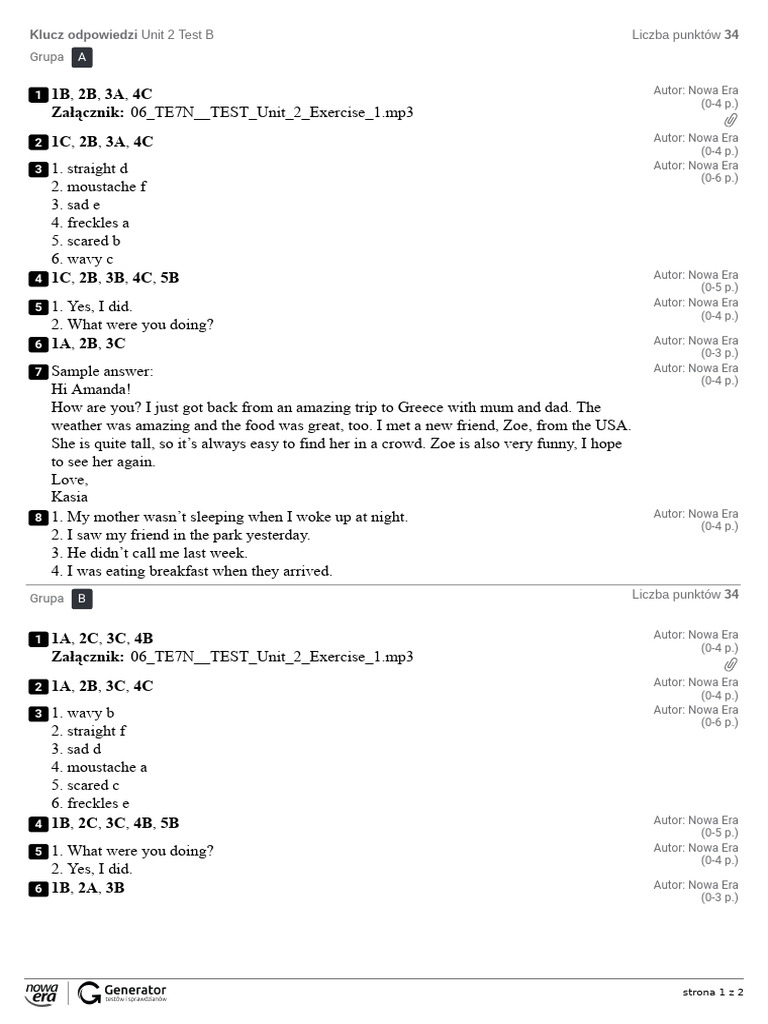 Unit 2 Test B Klucz Odpowiedzi | PDF