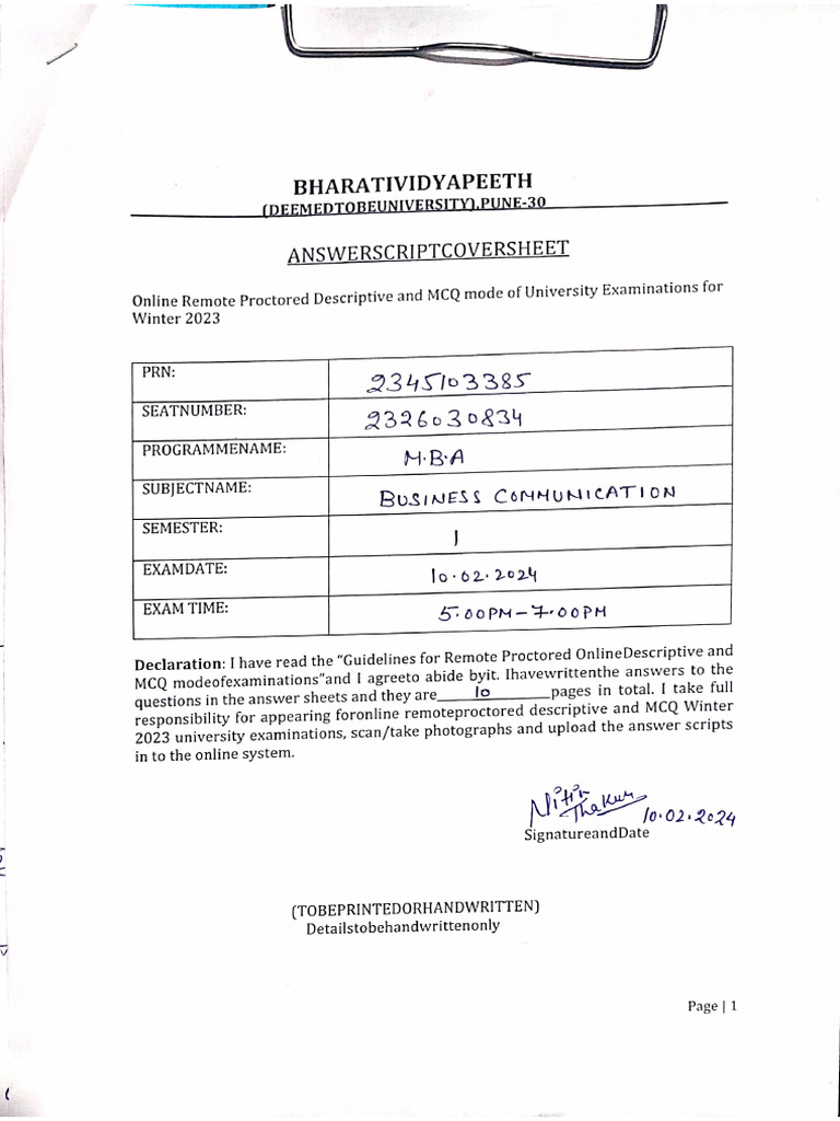 Business Communication Answer Sheet | PDF