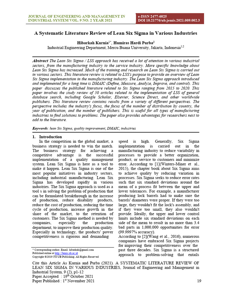 A Systematic Literature Review of Lean Six Sigma in Various Industries (2021) | PDF | Six Sigma ...