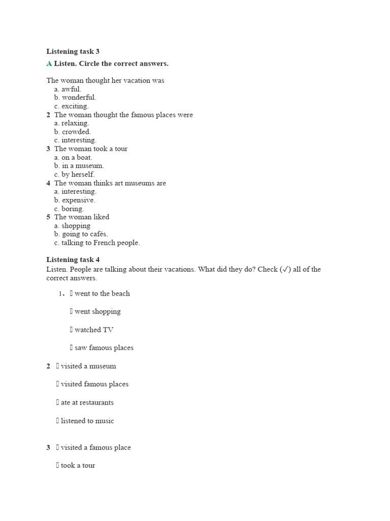 Vacation Listening Comprehension | PDF | Art