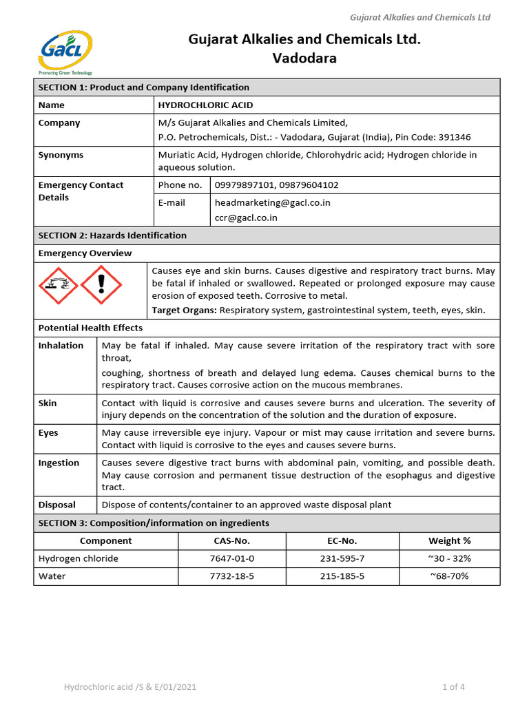 Hydrochloric Acid | PDF | Personal Protective Equipment | Hydrochloric Acid