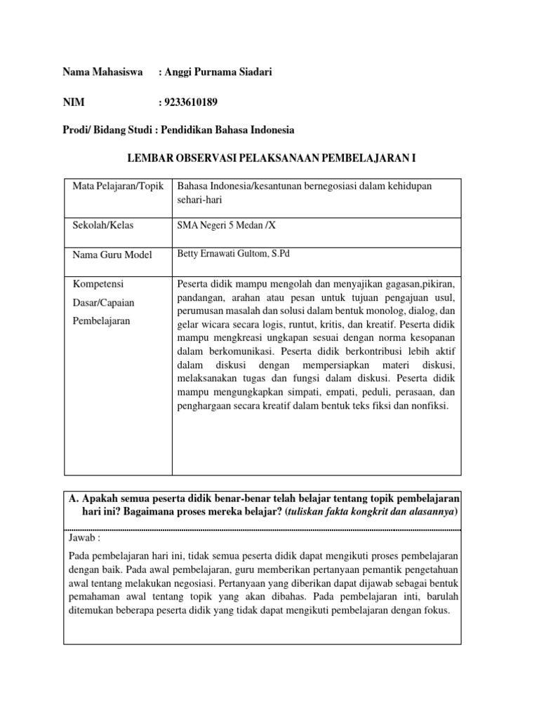 01.05.6-B3-4 Unggah LK 4 - Lembar Observasi Pembelajaran Pada Pembelajaran Ke-1 | PDF