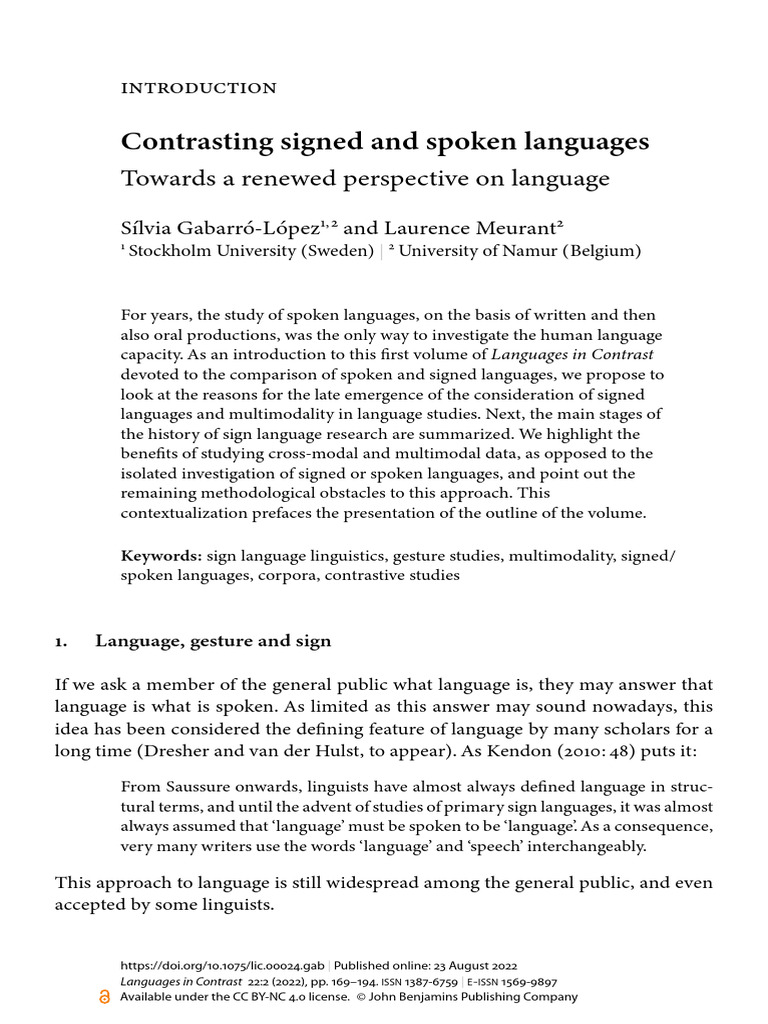 Contrasting Signed and Spoken Languages | PDF | Sign Language | Linguistics
