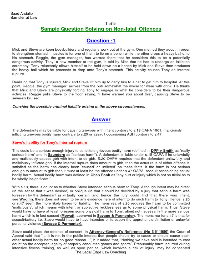 Non Fatal Question Answer 3 | PDF | Intention (Criminal Law) | Mens Rea