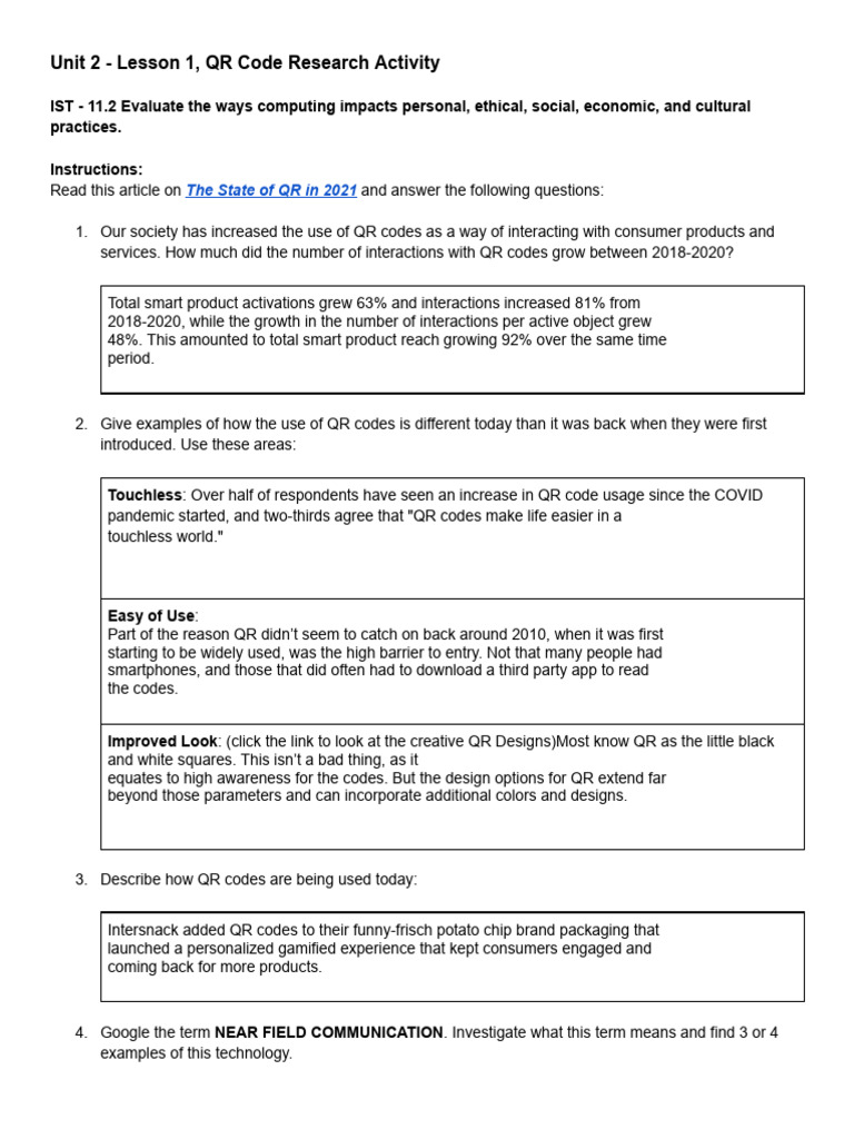 Copy of Unit 2 Lesson 1 QR Code Research Activity | PDF | Qr Code ...