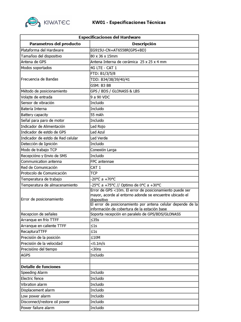 Kiwatec KW01 - Especificaciones Tecnicas | PDF | Electrónica | Informática