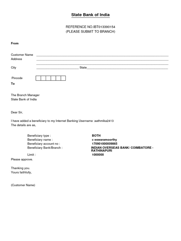 State Bank of India: REFERENCE NO - IBT013390154 (Please Submit To ...