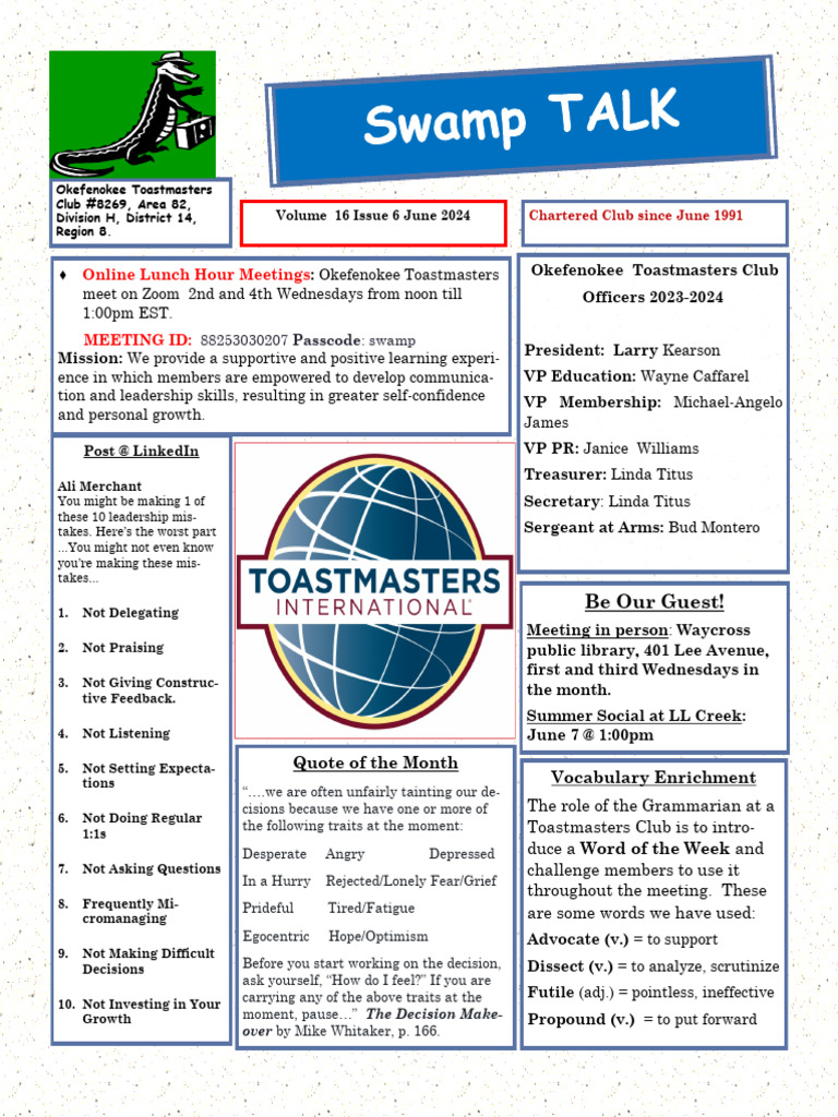 Okefenokee Toastmasters June 2024 Newsletter | PDF | Career & Growth