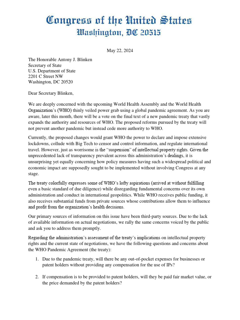 5.22.24 - Letter To Secretary Blinken On WHO Pandemic Treaty | PDF ...