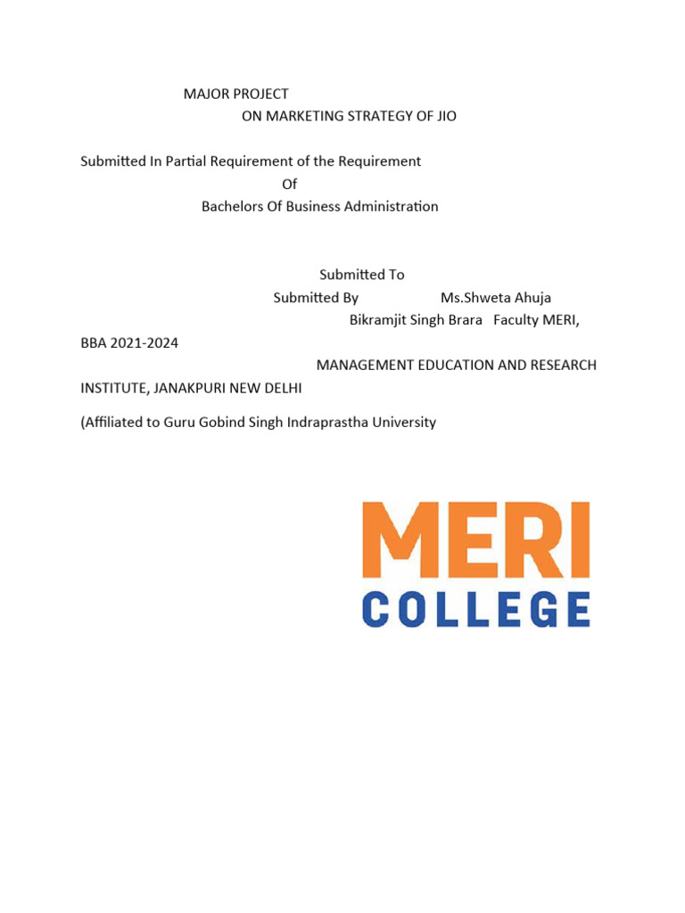 Major Project On JIO Submitted in Partial Requirement of The ...