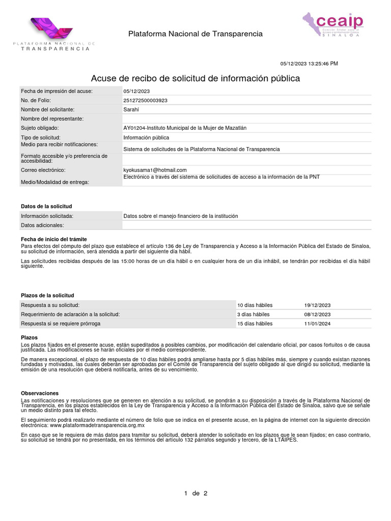 Acuse de Solicitud de Información Pública | PDF