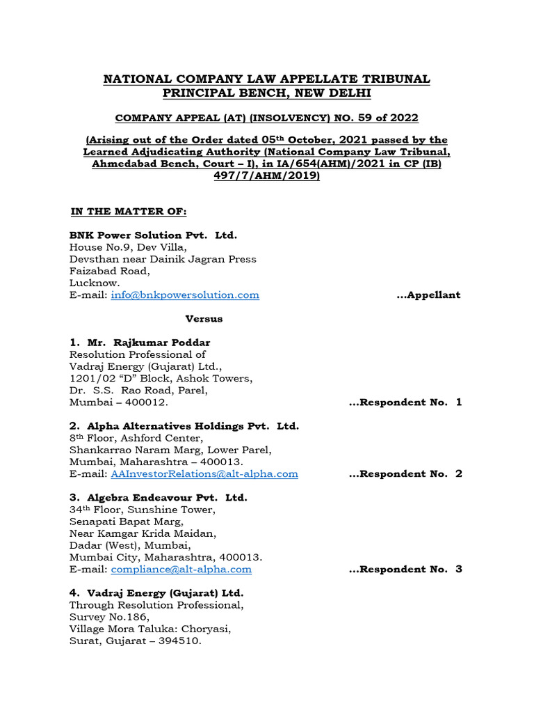 National Company Law Appellate Tribunal Principal Bench, New Delhi | PDF | Judgment (Law) | Creditor