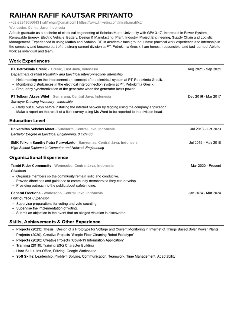 CV - Raihan Rafif Kautsar Priyanto | PDF | Engineering | Electricity