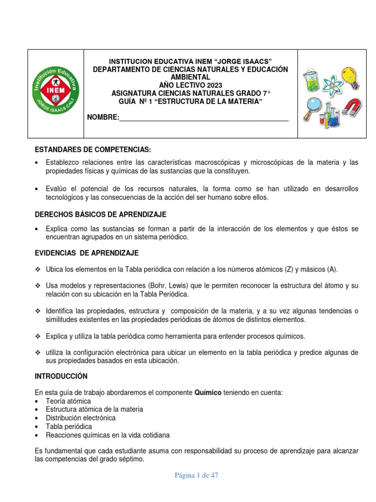 Guía 1 Ciencias 7 Estructura de la Materia 2023 | PDF | Átomos | Núcleo ...