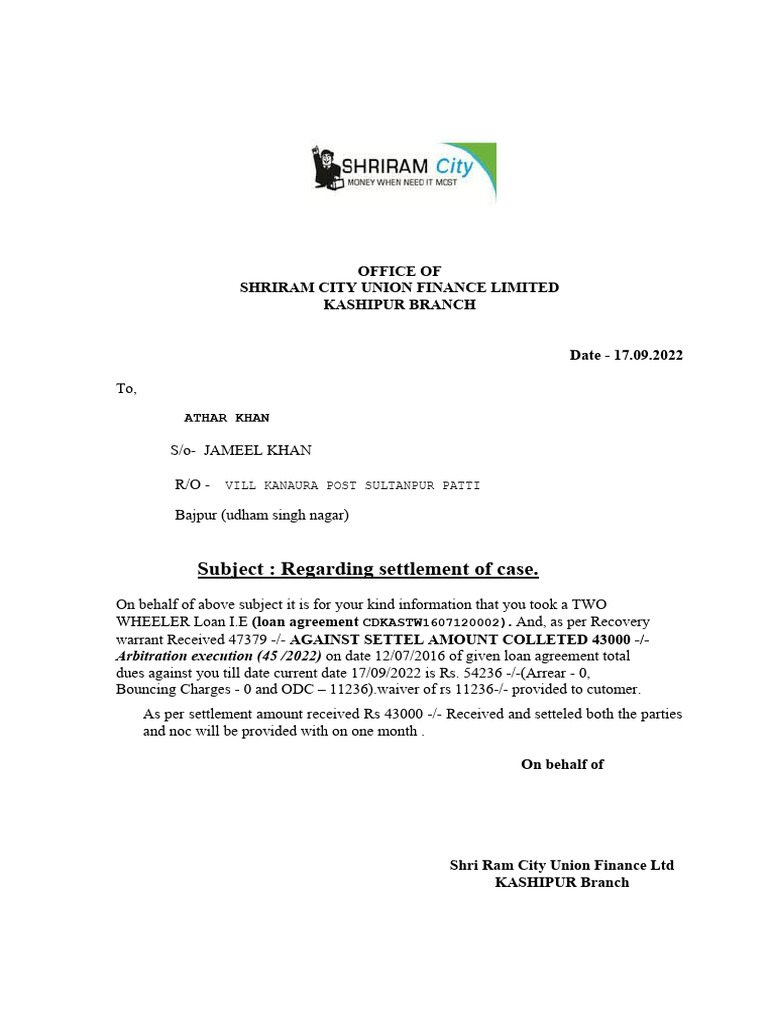 Settelment Letter | PDF