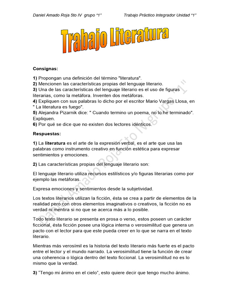 Trabajo de Literatura 5to Año | PDF