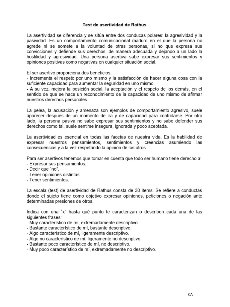Test Asertividad de Rathus (Manual) | Descargar gratis PDF | Ciencias ...