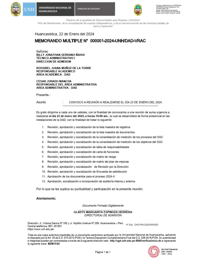 Memorando Multiple N°01-2024-Convoco A Reunion El Dia 23.01.24 A Horas 10 A.M. | PDF