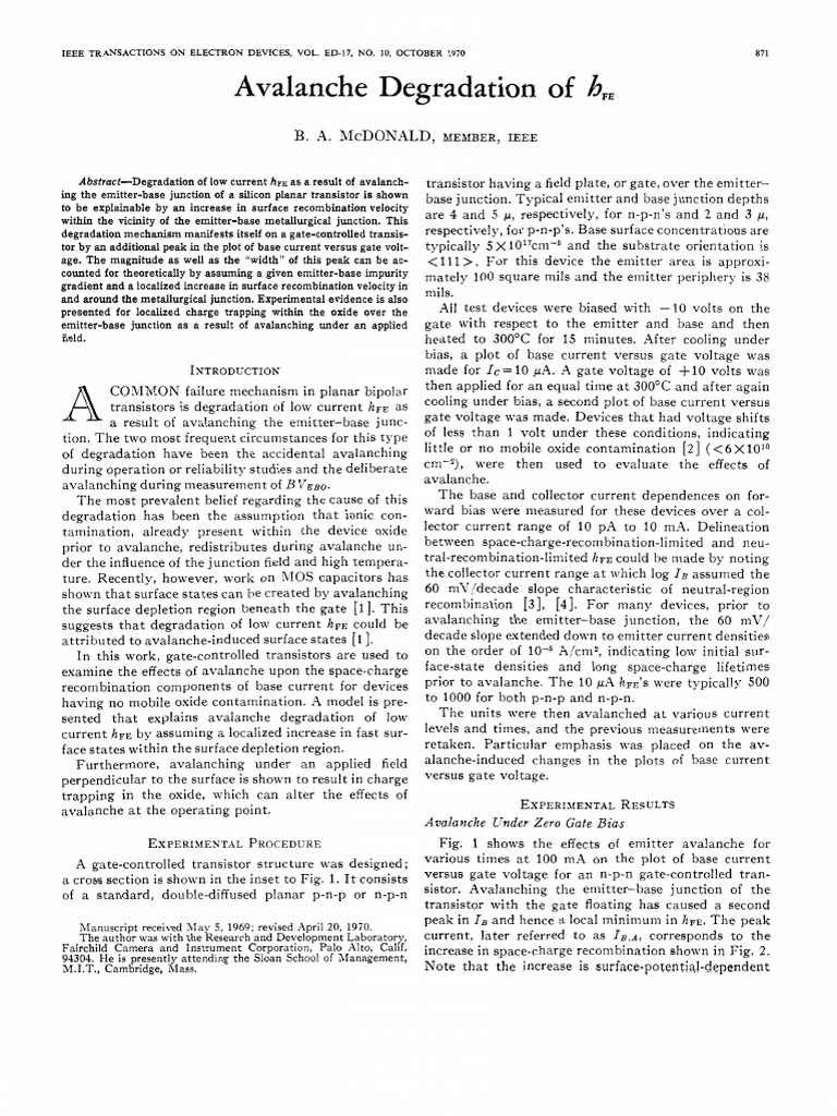 McDonald - Avalanche Degradation of Hfe | PDF | Bipolar Junction Transistor | Electronics