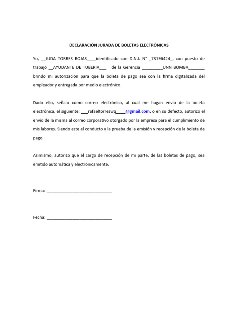 Declaración Jurada de Boletas Electrónicas | PDF | Crecimiento personal y profesional | Finanzas ...